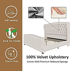 AMERLIFE King Size Platform Bed Frame, Velvet Upholstered Bed with Deep Button Tufted & Nailhead Trim Wingback Headboard/No Box Spring Required/Cream
