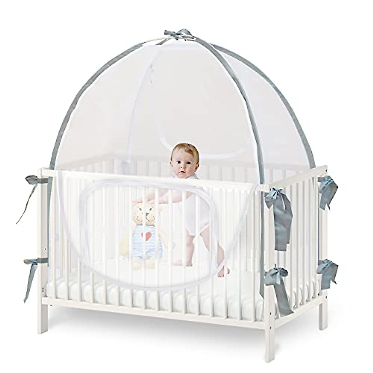 Baby Crib Tent Safety Net, Durable Strong Self-Locking Zippers, Protects from Climbing Out and, Insects, Mosquitoes, Installs with Rods (Crib 52.25" - 28.25")