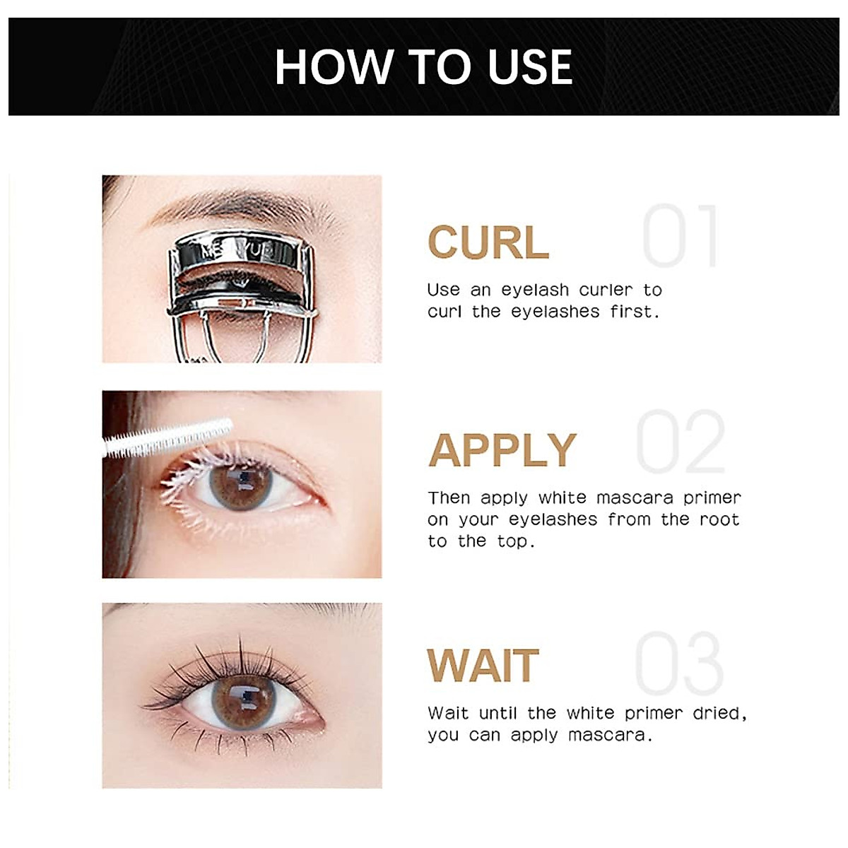 WALULAN Eyelash Lash Primer Waterproof and Sweatproof Natural Lash Defining Mascara White Volume and Length Clear Primer Mascara