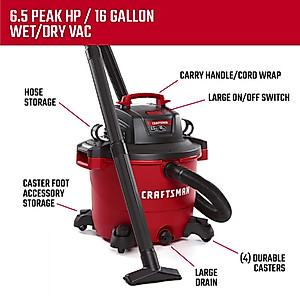 Craftsman CMXEVBE17595 16 Gallon 6.5 Peak HP Wet/Dry Vac, Heavy-Duty Shop Vacuum with Attachments and Additional General Purpose Filter