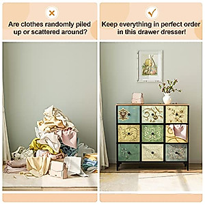 AOPSEN Dresser with 9 Drawers, Tall Storage Dresser for Bedroom, Modern Chest of Drawers for Closet, Living Room, Nursery, Wood Top, Fabric Drawers (Rustic Brown)