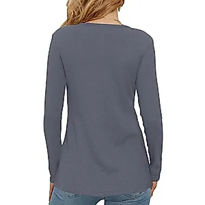 WNEEDU Women's Waffle Knit Tops Casual Long Sleeve Blouses Slim Fit Button Down V Neck Henley Shirt(Dark Gray,L)