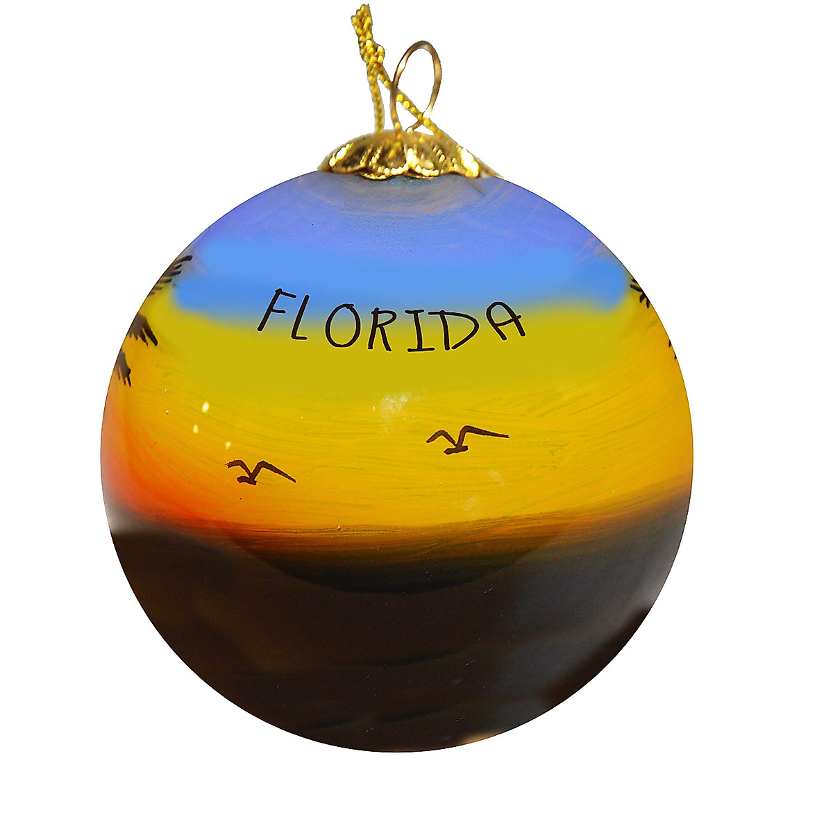 Blown Glass Christmas Ornament | Sunset Palm Trees and Seagulls | Hand Painted Inside | Original Art | Includes Gift Box