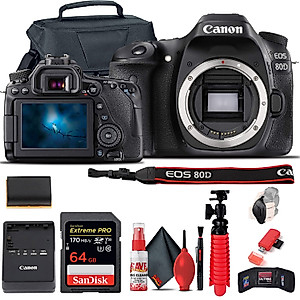 Canon EOS 80D DSLR Camera (Body Only) (1263C004) + 64GB Memory Card + Case + Card Reader + Flex Tripod + Hand Strap + Cap Keeper + Memory Wallet + Cleaning Kit (Renewed)