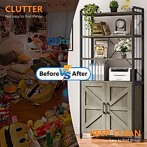 Vabches Modern Industrial Bookshelves and Bookcases with Doors Floor Standing 6 Shelf Display Storage Shelves Wood and Metal Tall Bookcase for Home Office, Living Room, Grey