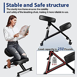 Ergonomic Kneeling Chair for Office, Height Adjustable Stool with Thick Foam Cushions for Home and Office, Angled Seat to Improve Posture - Relieve Neck & Back Pain, Upgraded Pneumatic Pump