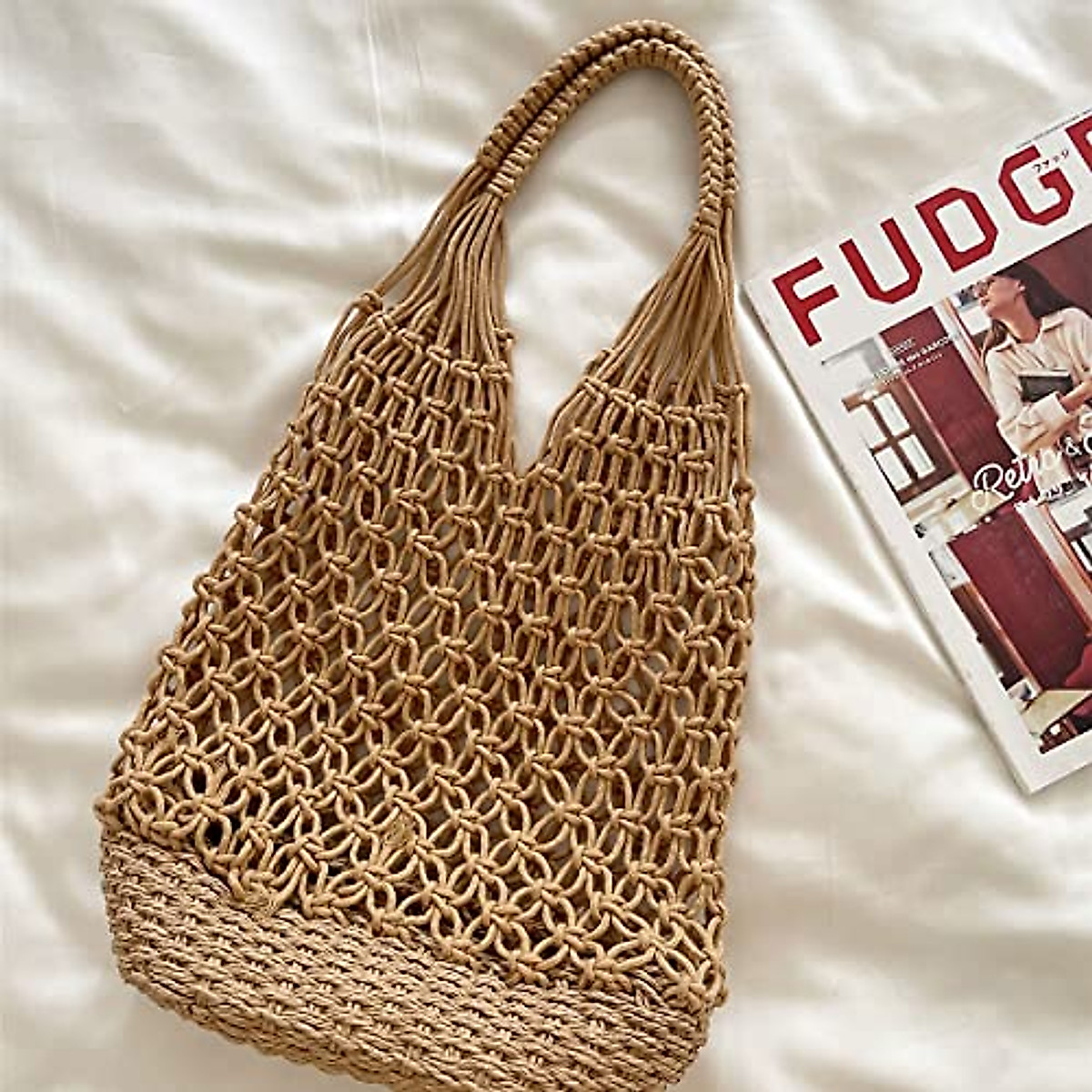 NIBD Women's Beach Straw Handbag Woven Tote Fishing Net Beach Bag Large Capacity Mesh Rope Combination Handbag (A)