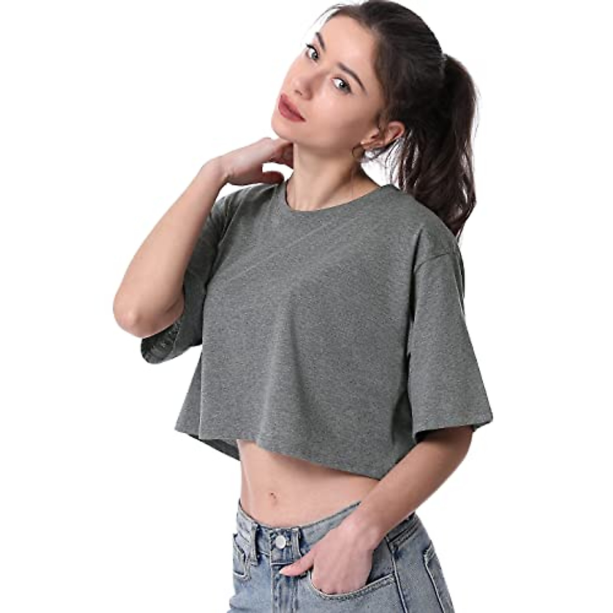 Cosy Pyro 4-Pack Women's Cotton Crop T-Shirts Short Sleeve Solid Cropped Athletic Top Round Neck Casual Workout Yoga Tees Black/White/Gray/Navy M