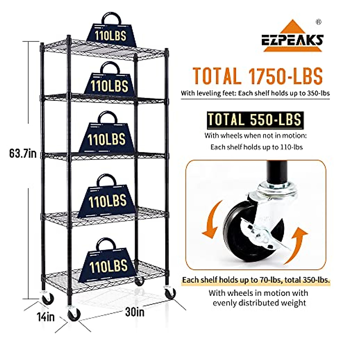 EZPEAKS 5-Shelf Shelving Units and Storage on 3'' Wheels with Shelf Liners Set of 5, NSF Certified, Adjustable Heavy Duty Carbon Steel Wire Shelving Unit (30W x 14D x 63.7H) Pole Diameter 1 Inch