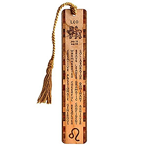 Leo Zodiac Sign Artwork and Positive Personality Traits Engraved Wooden Bookmark with Tassel - Made in USA - Also Available Personalized