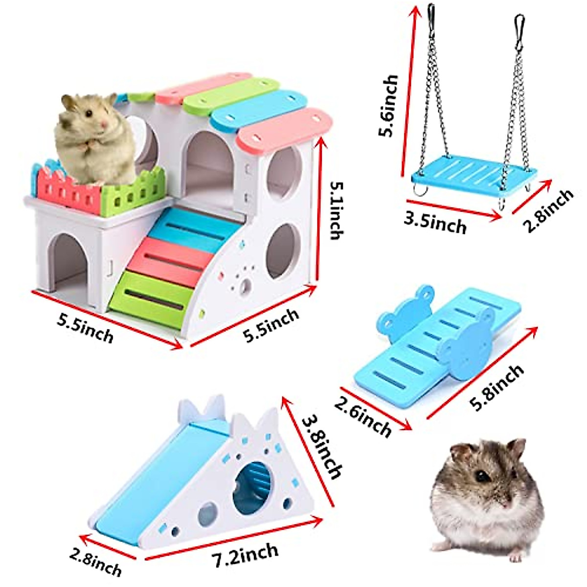 Magnoloran 4 Pack Hamster Toys Set Wooden Hamster House Guinea Pig Hideout Pet Sport Exercise Toys Hamster Cage Accessories Including Hamster Villa, Swing, Seesaw, Ladder for Gerbil Hamster Hedgehog
