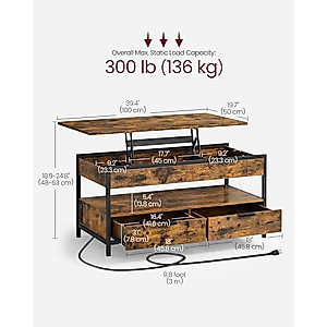 VASAGLE Lift Top Coffee Table with Storage Drawers and Charging Station, Coffee Table for Living Room with Lifting Top, Hidden Compartments and Open Shelf, Rustic Brown and Ink Black ULCT206B01