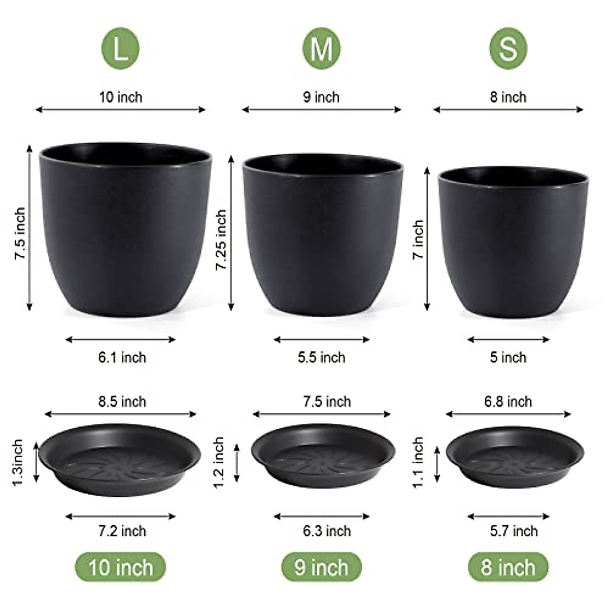 WOUSIWER Plant Pots 10/9/8 inch, Set of 3 Modern Decorative Plastic Planters with Drainage Holes and Saucers for House Plants Indoor Flowers Plants, Black