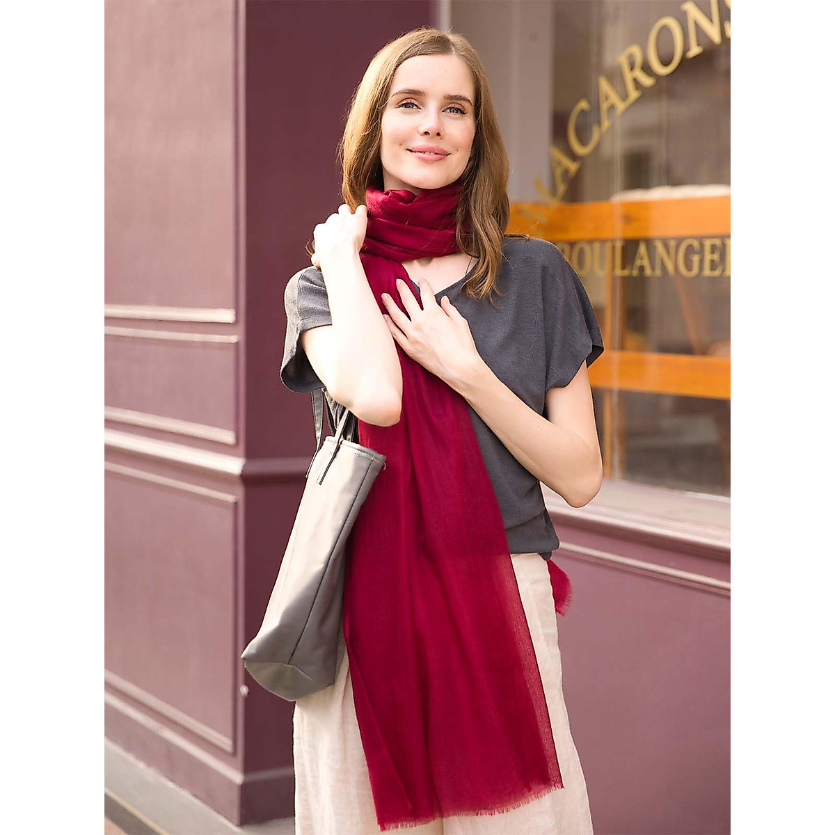 Ovcio Featherlight Wine Red Cashmere Scarf - 100% Pure Cashmere Wrap Scarf for Women (87x39) with Gift Box