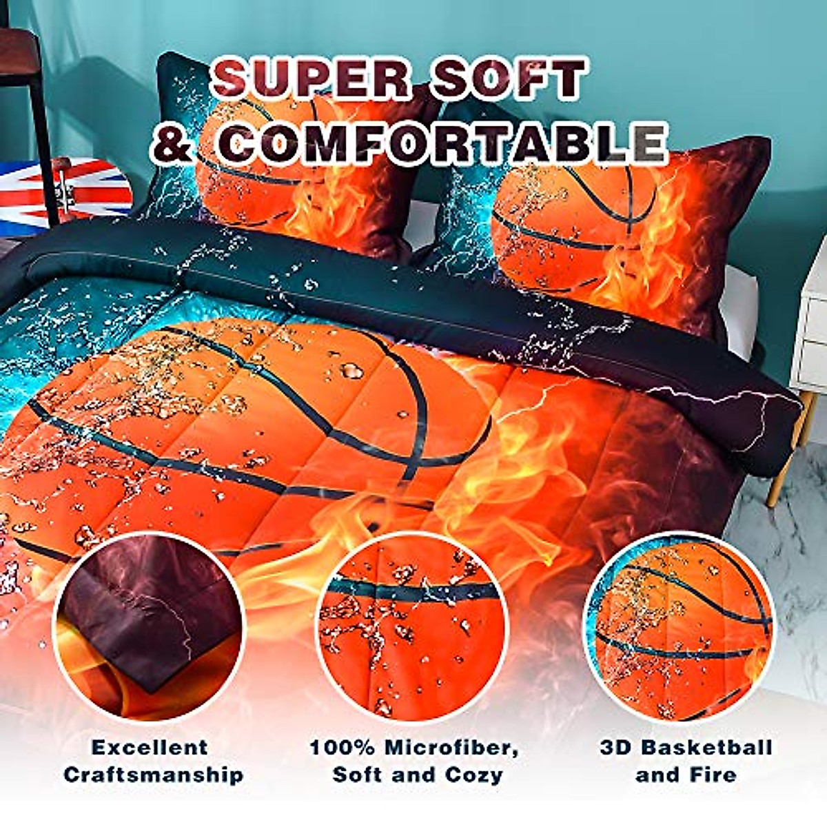 Andency Basketball Comforter Queen(90x90 Inch), 3 Pieces(1 Basketball Comforter, 2 Pillowcases) Sport Microfiber Comforter Set Bedding Set for Kids Boys Girls Teens