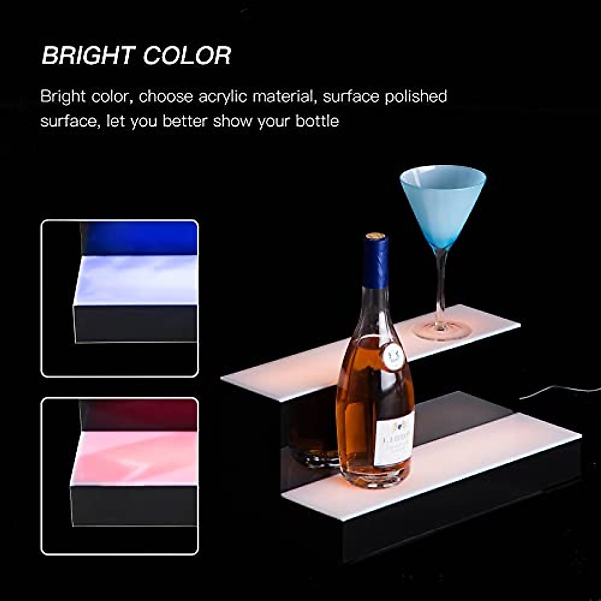 SUNCOO LED Lighted Liquor Bottle Display 16 Inch 2 Step Illuminated Bar Bottle Shelf 2 Tier Cimmercial Home Bar Bottle Display Drinks Lighting Shelves Home Bar Lighting with Remote Control