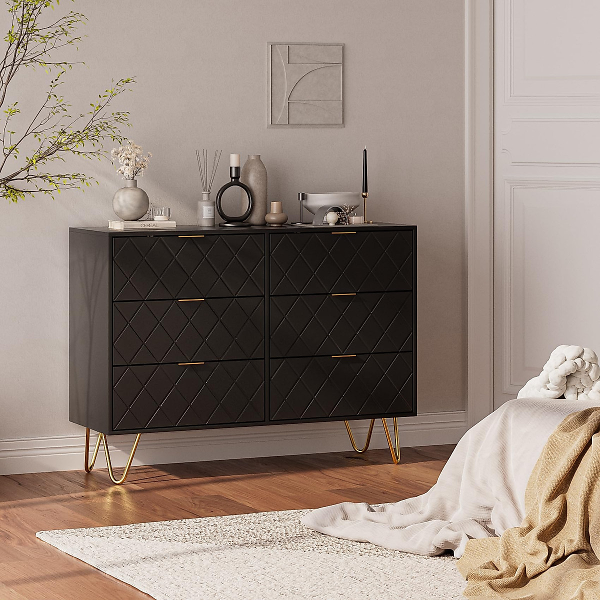 Aobafuir 6 Drawer Dresser, Drawer Chest, Tall Storage Dresser Chest Cabinet Organizer Unit with Metal Legs, Big Dresser for Bedroom, Living Room, Closet, Hallway Black Diamond