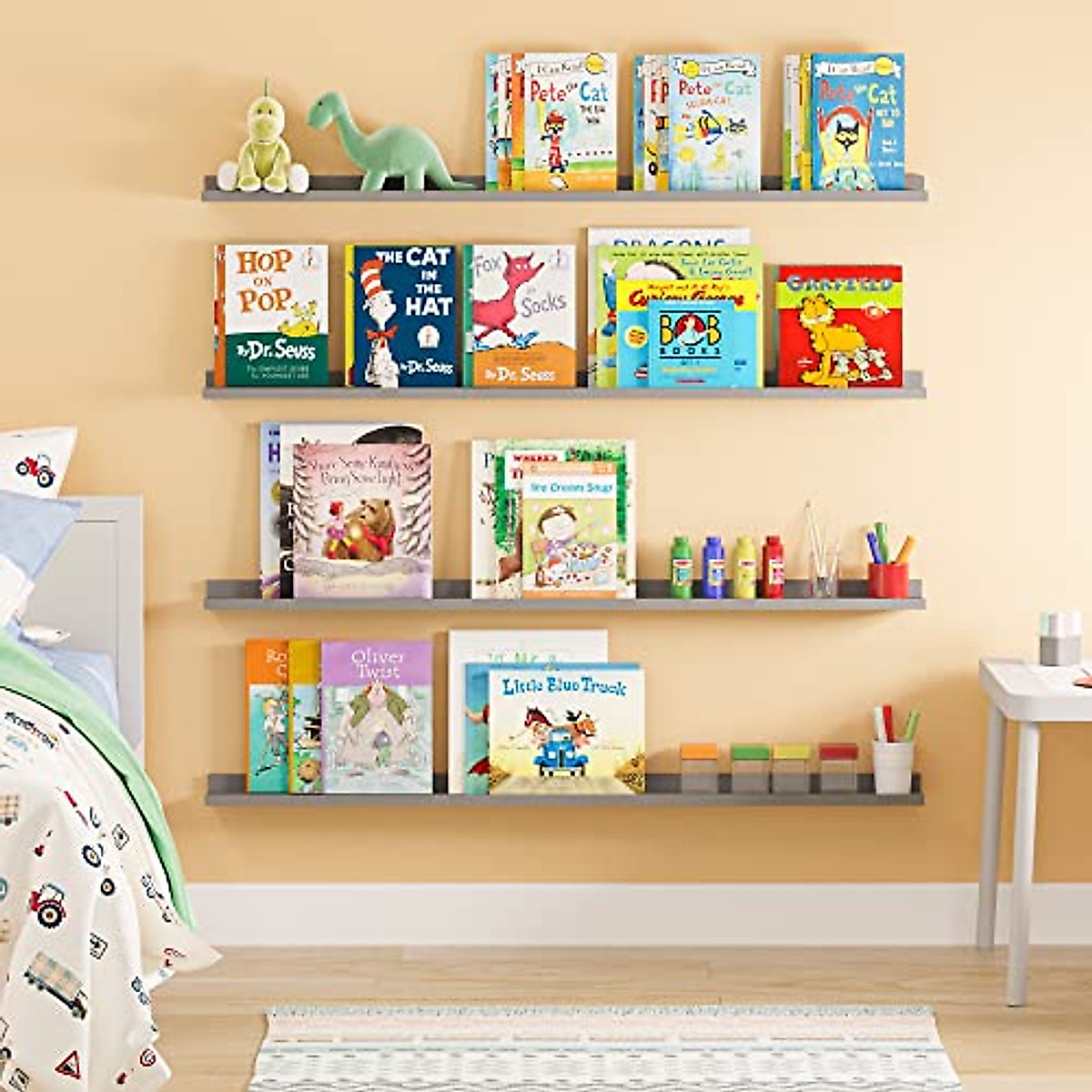 Wallniture Denver 46" Floating Shelves for Wall, Floating Bookshelf for Kids Room, Gray Kids Room Shelves, Wall Bookshelf for Living Room Decor, Nursery Shelves, Picture Ledge Shelf Set of 4