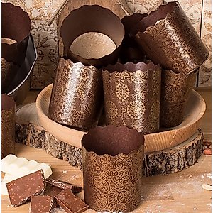 5 oz Mini Panettone Paper Mold - Easter Bread Paper Mold Paska |25 pcs| Kulich Mold Easter Bread Forms - Italian Non Stick Panettone Paper Baking Molds - Brown Design W 2.75 x H 3.35-In