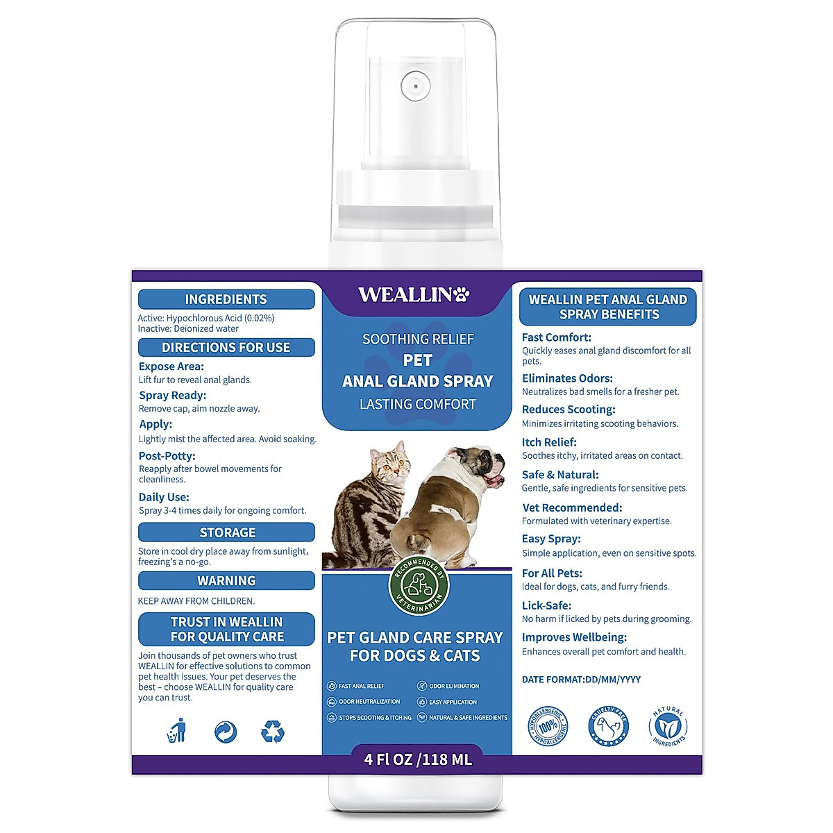 WEALLIN Anal Gland Spray for Dogs Cats - Fast Anal Gland Relief Stops Scooting & Itching Odor Elimination Anti Itch Dog Spray Pain Relieving Safe for All Animals - 4.06 FL OZ