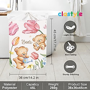 Clastyle Large Pink Tulip Bear Baby Gift Basket Kid Clothes Toy Book Nursery Storage Bin Girl Bedroom Butterfly Flower Laundry Hamper, 14x17.7 in