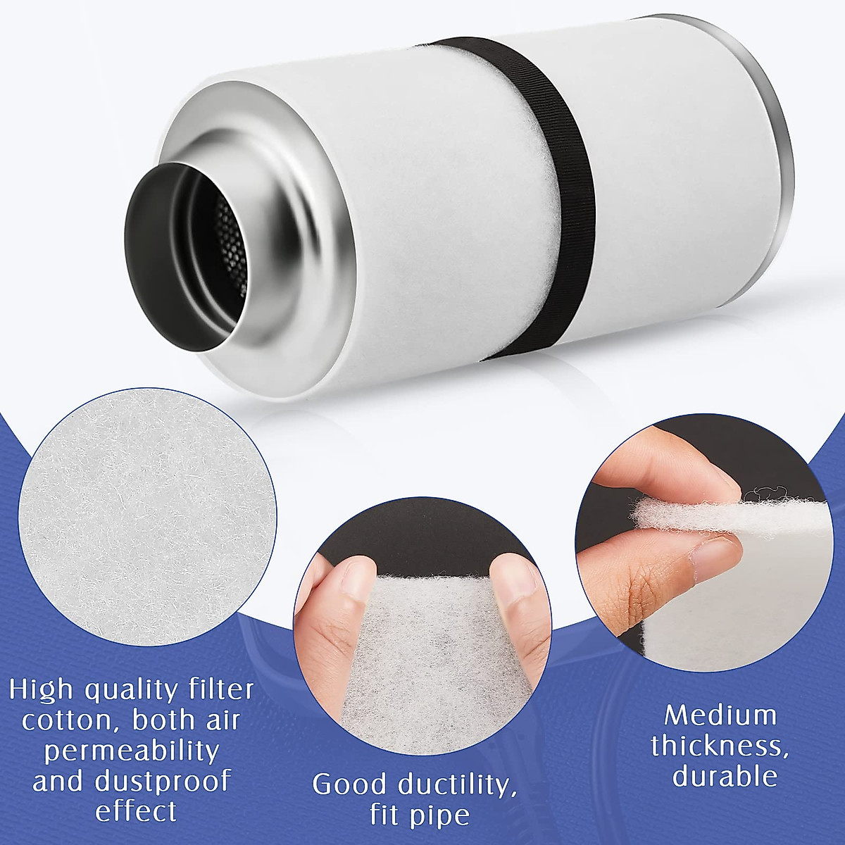 3 Packs Air Filter Universal Replacement Filter White Cotton Prefilter Sleeve Cover with 3 Packs Elastic Ropes for Carbon Filter (4 Inches)