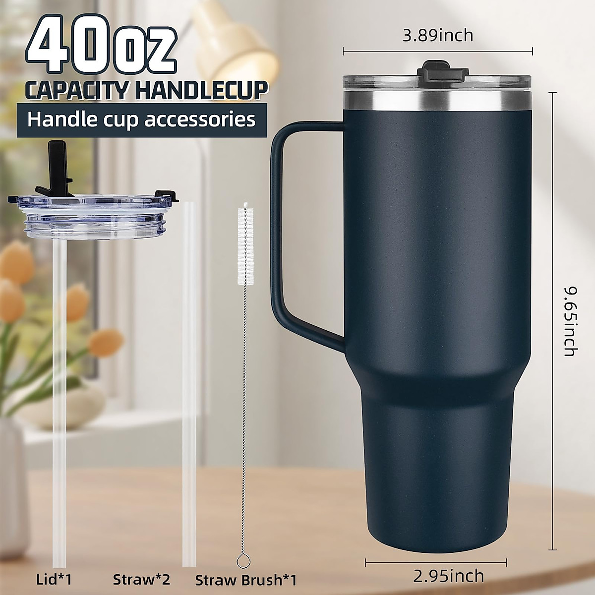 40 oz Tumbler with Handle and Flip Straw, 100% Leakproof Insulated Tumbler with Lid and Straw, Stainless Steel Insulated Travel Coffee Mug, Insulated Coffee Thermal Cup for Cold and Hot (Deep Blue)