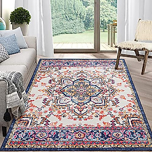 RUGSREAL Boho Area Rug 8x10 Vintage Bohemian Rug Indoor Floor Print Distressed Medallion Carpet Rug Mat Foldable Accent Rug Kitchen Living Room Bedroom Dining Room, Orange/Blue