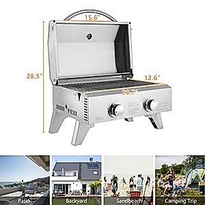 ROVSUN Extra Large 20,000 BTU Portable Gas Grill, 2 Burner Tabletop Propane Griddle with Foldable Legs, Regulator & Full Stainless Steel for Outdoor Picnic Camping Trip, Tailgating, Patio Garden BBQ Home Use