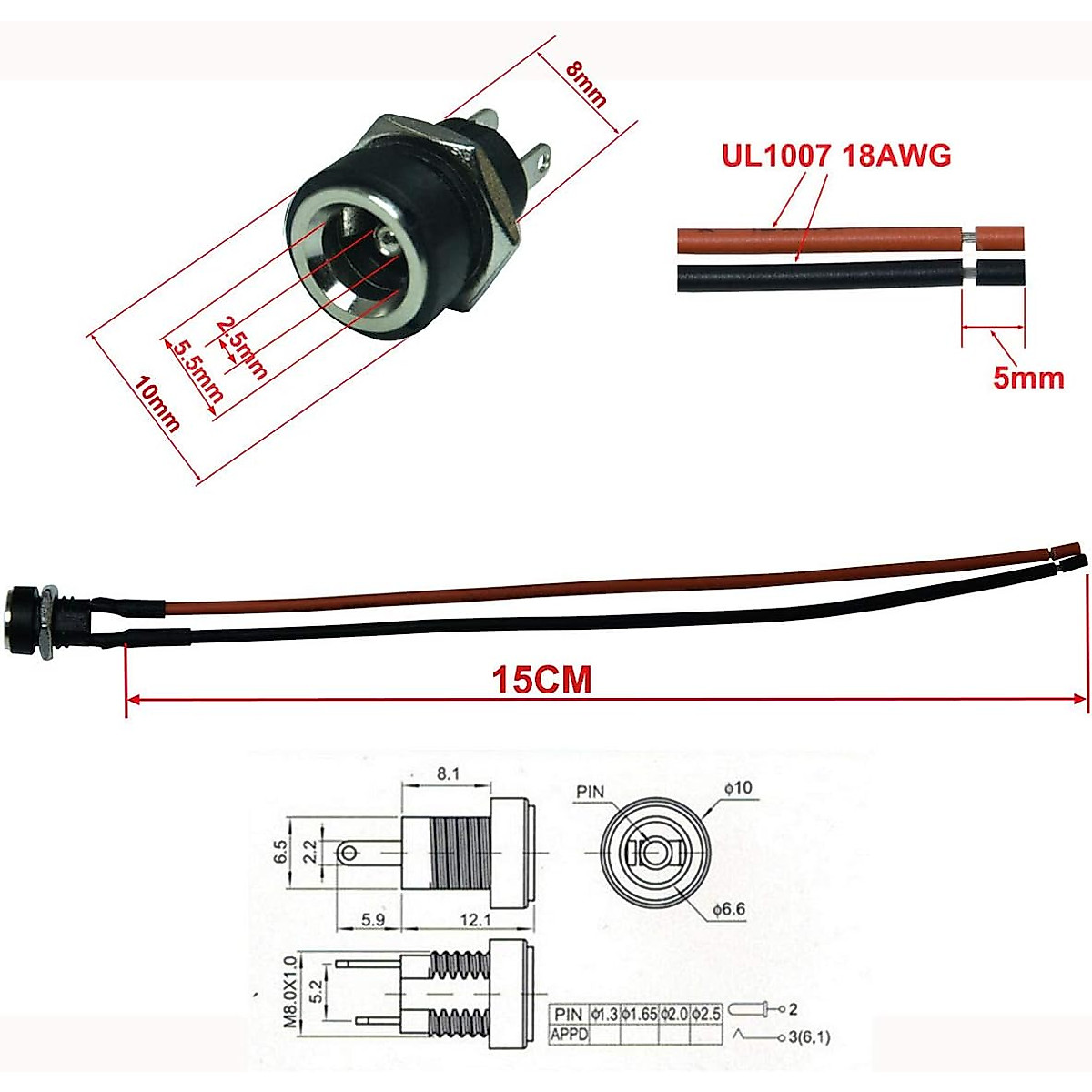 5Pcs 5.5mm x 2.1mm DC Power Supply Jack Socket Female Panel Mount Connection,dc-022B dc Jack with Wires
