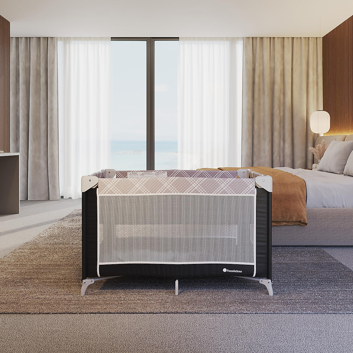 Foundations Sleep 'N Store Baby Pack and Play Yard - Portable Yard with Removable Infant Bassinet - Easy to Store Foldable Travel Play Pen - Includes Storage Bag & Foam Mattress - Mod Plaid Gray