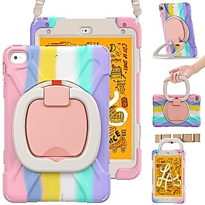 BRAECN Kid Case for iPad Mini 5/4 | Shockproof Silicone Cover with Shoulder Strap, Kickstand, Pencil Holder & Anti-Slip Grip | Compatible with iPad Mini 5th/4th Generation 7.9" - Colorful Pink