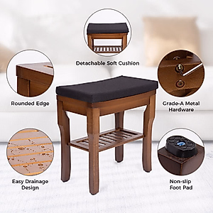 StrongTek Bamboo Shower Bench Seat with Soft Cushion, Footrest Shaving Stool with Storage Shelf, Non-Slip, Ideal for Spa Bath Seat, Bathroom, Living Room & Garden Decor, Espresso