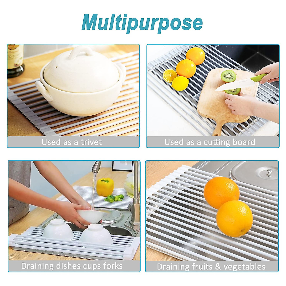 ZOIMINU White Roll Up Dish Rack, Over Sink Dish Drying Rack, Heat-Resistant Anti-Slip Stainless Steel Dish Drainer with Silicone-Coated for Cups Fruits Vegetables - 20.5" x 13.1"