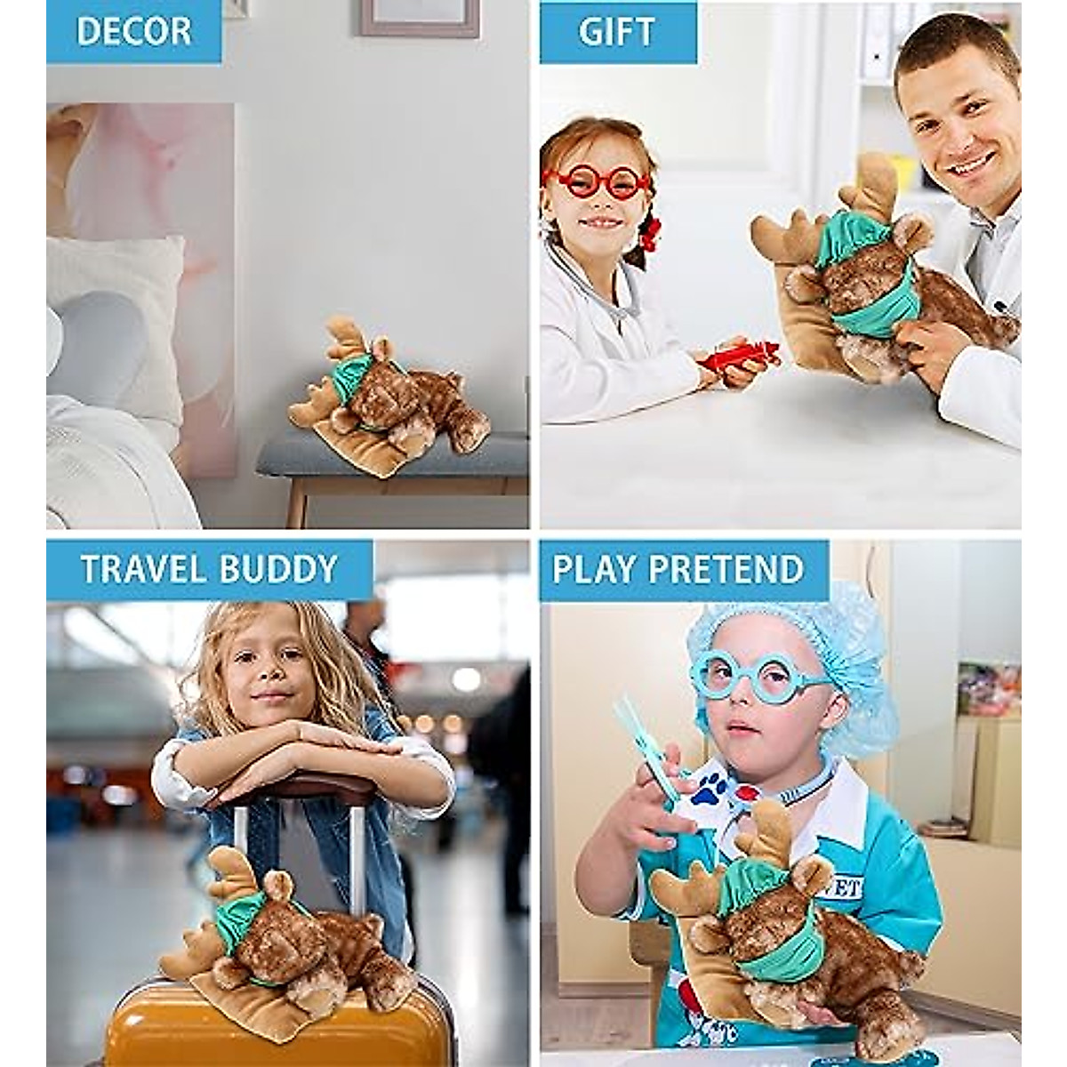 DolliBu Sleeping Moose with Pillow Doctor Plush Toy - Super Soft Moose Doctor Stuffed Animal Dress Up with Scrub Cap and Face Mask Outfit - Fluffy Doctor Toy Plush Gift with Personalization - 10 Inch