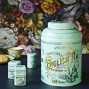 New English Teas Vintage Victorian Tea Tin with 240 English Breakfast Teabags for Tea Lovers, Forget Me Not Florals & Classic Tea Set Design