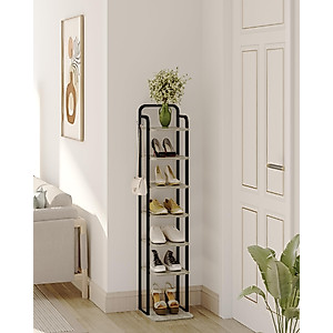 Hzuaneri Vertical Shoe Rack, Shoe Shelves, Wood Shoe Organizer for Closet, Entryway, Shoe Tower for Small Spaces, Free Standing, Adjustable, with 2 Hooks, 7 Tier Greige SR20205B