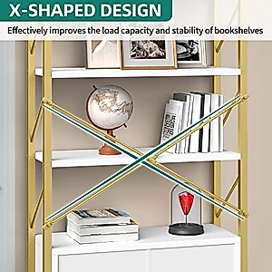 YITAHOME Bookshelf and Bookcase with Storage Cabinet, Standing 5 Tiers Book Shelves Display Rack with Doors for Bedroom Living Room Office,White&Gold