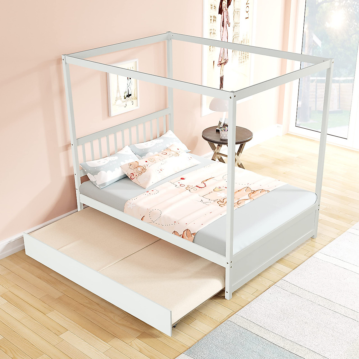 Bellemave Full Size Canopy Bed with Twin Trundle, Platform Bed with Headboard for Bedroom Guestroom Small Room, Solid Wood Bed Frame with Support Slats, Easy Assembly, No Box Spring Needed (White)