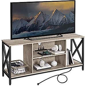 Yaheetech TV Stand for 65 Inch TV, Industrial Entertainment Center TV Console with Power Outlets, Modern TV Cabinet with Open Storage Shelves for Living Room, Gray