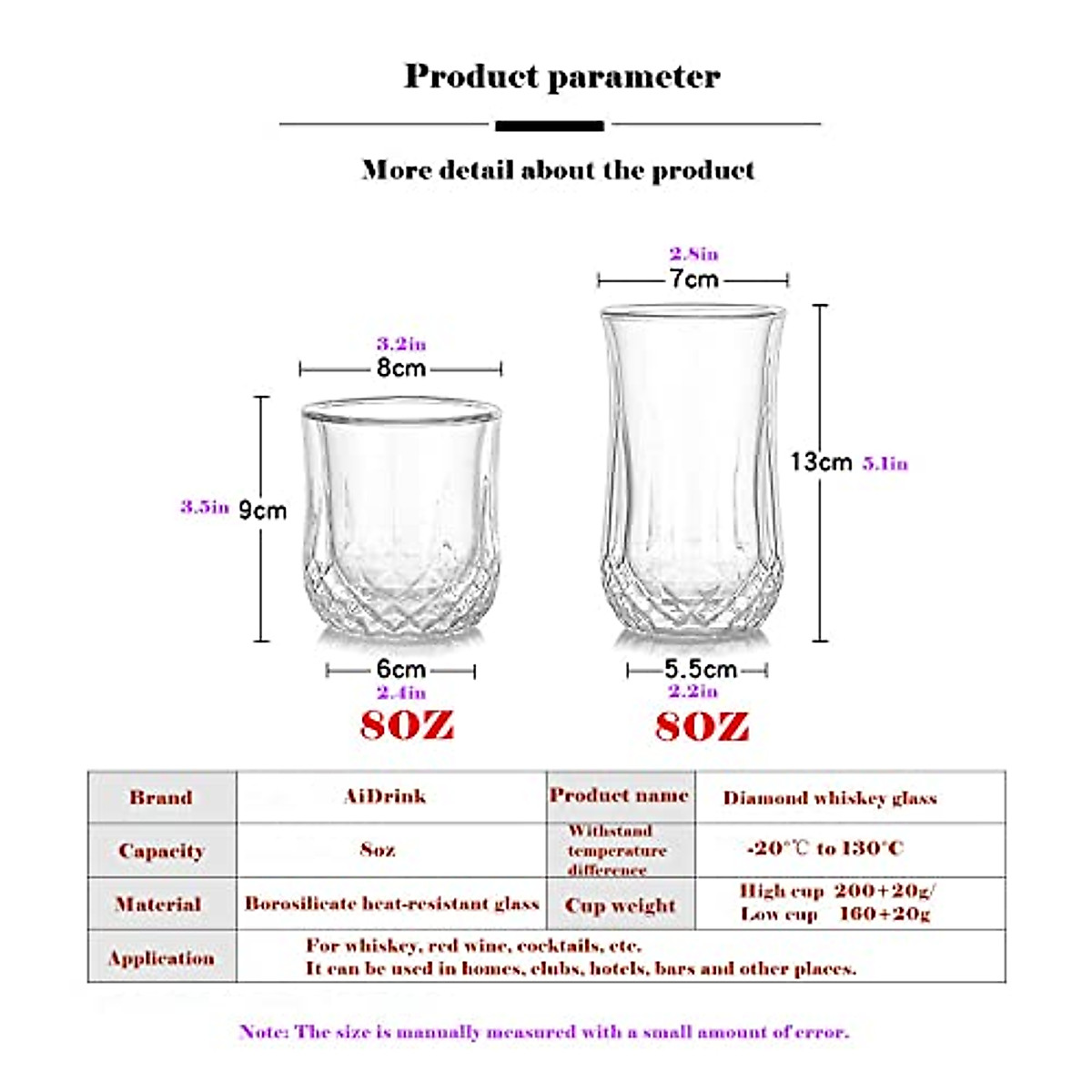 Double Wall Glasses Set of 2 for Men Women Drinking Whiskey Bourbon Scotch Cocktails Cold Drinks No Sweat Insulated Tumbler Stemless Wine Glasses Clear Cup in Gift Box Freezer Safe 8OZ