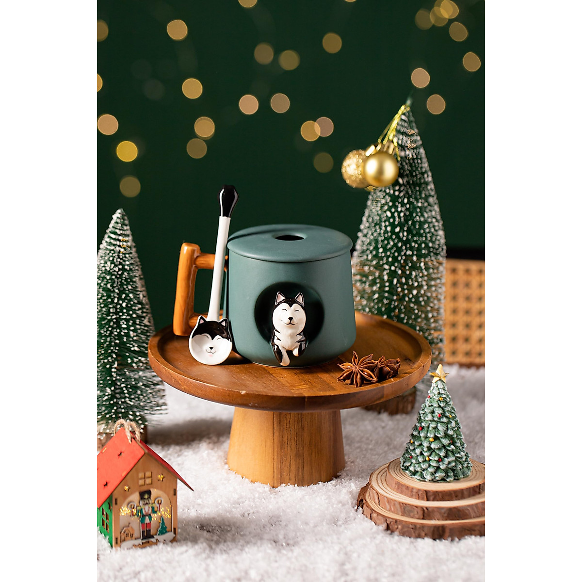 DIHOclub Ceramic Coffee Mug with Lid and Matching Spoon,Novelty 3D Husky Pattern Mug for Tea Milk Chocolate Juice,Cute Cup for Dog Lovers,Perfect Gifts-14 Ounces (green)