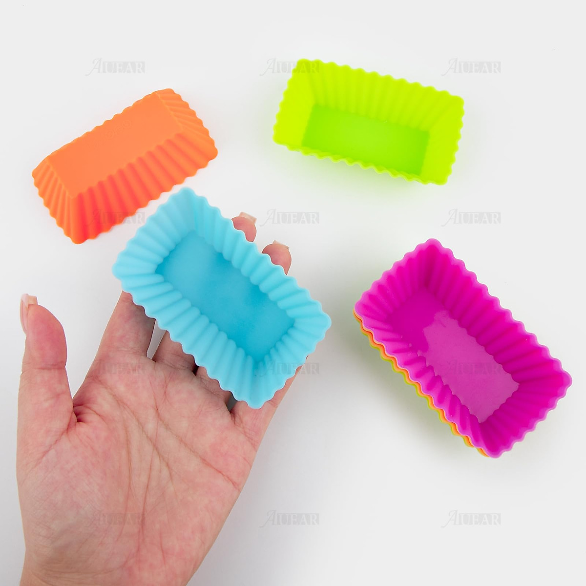 AUEAR, Silicone Mini Reusable Muffin Baking Cup Small Cupcake Holders Random Color Silicone Cupcake Liners Pastry Dessert Cups (24 Pack, Rectangle Cups)