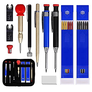 12pack Mechanical Carpenter Pencils Kit with Storage Bag,Center Punch, Carbide Scribe Tool,Magnetic Pick Up fot Construction,Woodworking