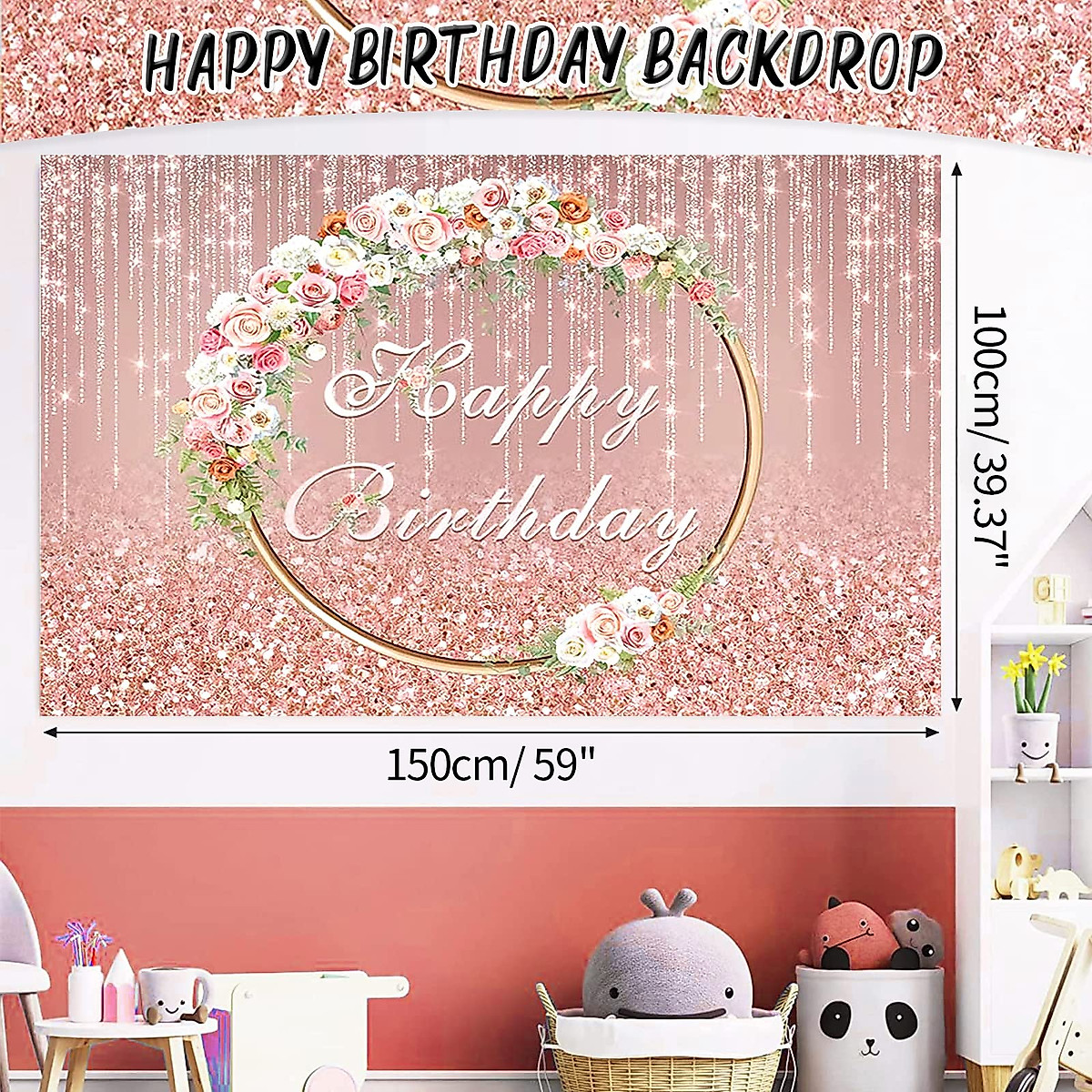 Floral Happy Birthday Decorations Women, 125PCS Rose Gold Flower Birthday Party Supplies Including Happy Birthday Backdrop, Balloon Arch/Garland Kit, Birthday Tabblecloth for Girls