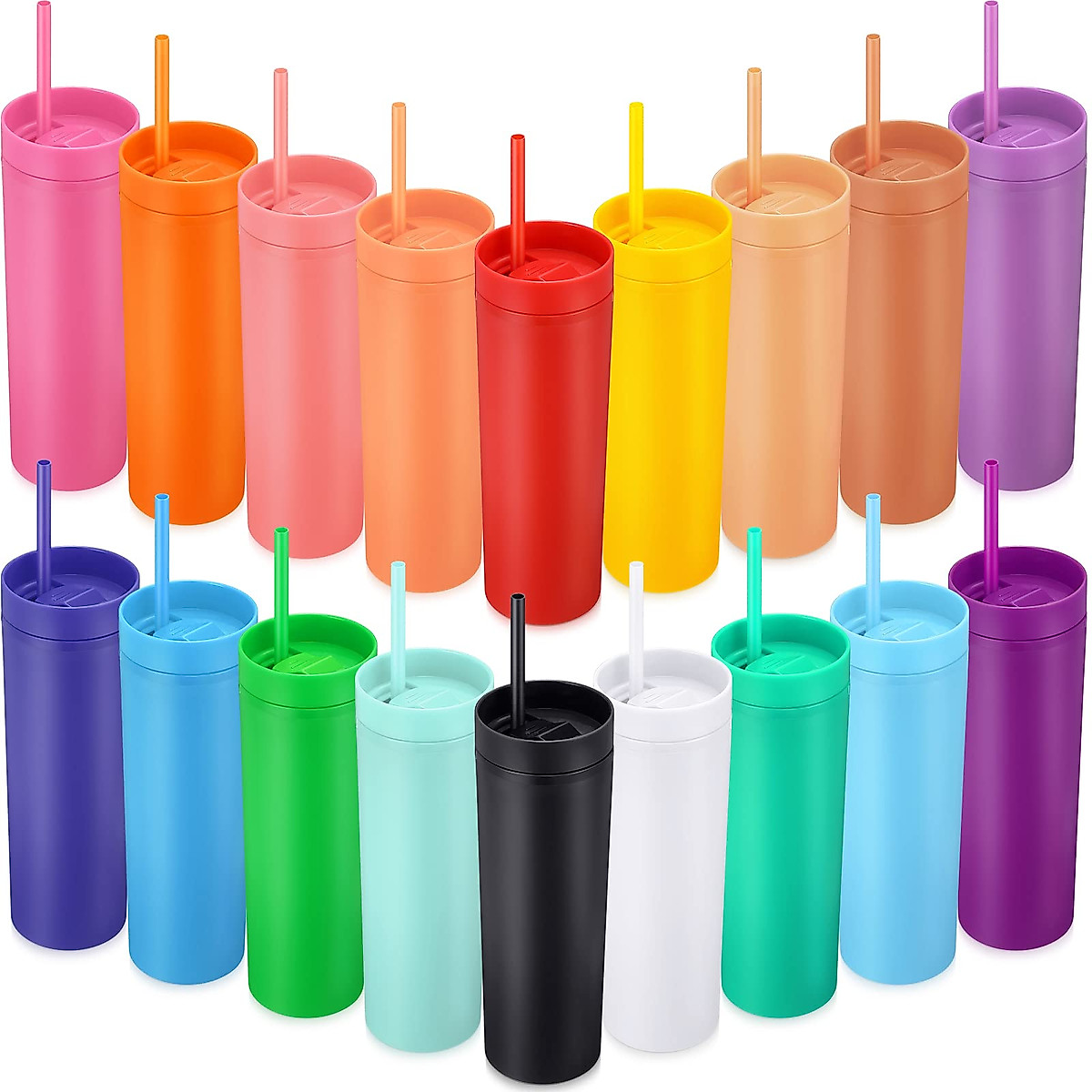 Raiten 27 Pieces Skinny Tumbler Cups with Lids and Straws 16 oz Acrylic Tumblers Bulk Colored Matte Tumblers Reusable Double Wall Plastic Mugs Cold Hot Drinks Water Bottles for Women Teacher DIY Gifts