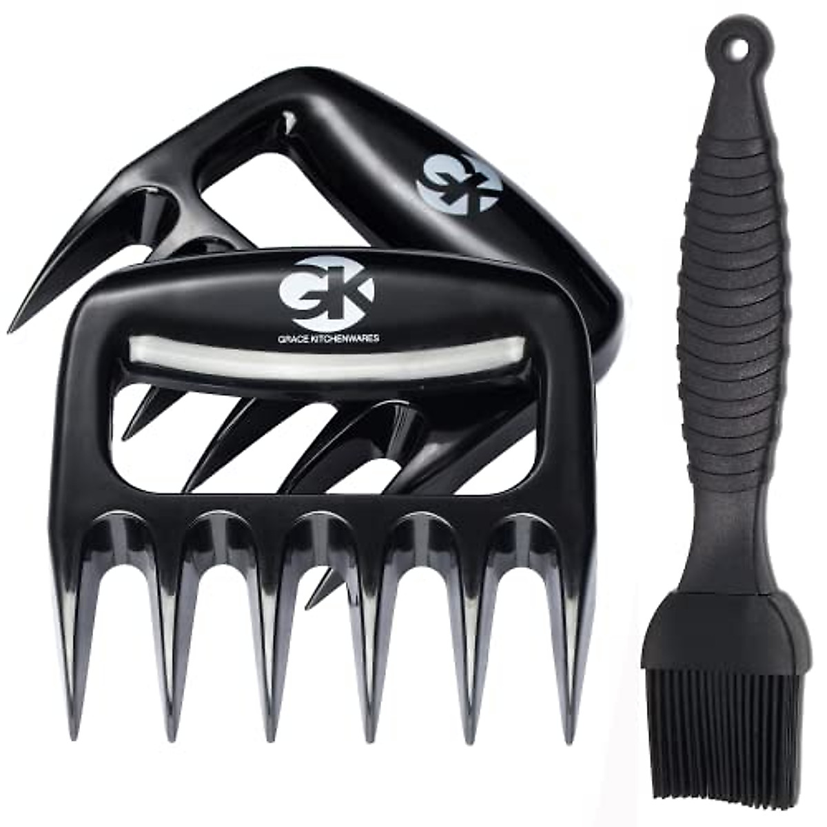 GK’s Premium Combo Set: Super Sharp Solid Meat Shredder Claws Plus Silicone Basting Brush | 1 Pair Meat Claws and 1 Piece Basting Brush | (Black) 