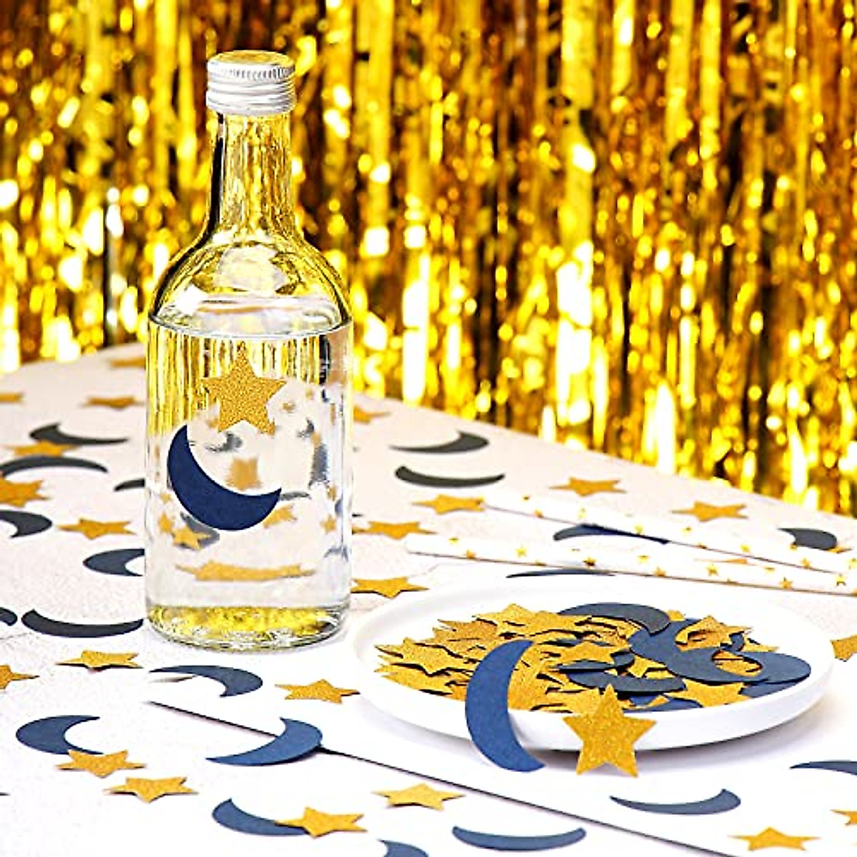 Navy-Blue Moon Gold Star Confetti - 300pcs Glitter Twinkle Little Star Table Confetti Eid Ramadan Mubarak Decoration Birthday Wedding Baby Shower Party Decor Lasting Surprise