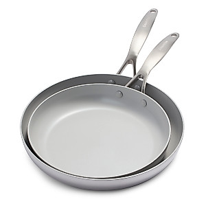 GreenPan Venice Pro Tri-Ply Stainless Steel Healthy Ceramic Nonstick 10" and 12" Frying Pan Skillet Set, PFAS-Free, Multi Clad, Induction, Dishwasher Safe, Oven Safe, Silver