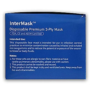 InterMask ASTM Level 3 Disposable Blue 3-Ply Face Masks for General Use, Home, Office, School, Restaurants, 50ct Box (Pack of 1)